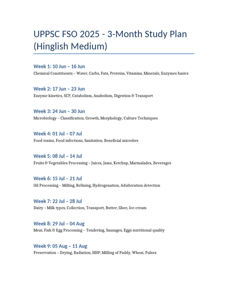 UPPSC FSO 3 Month Study Plan Hinglish | PDF