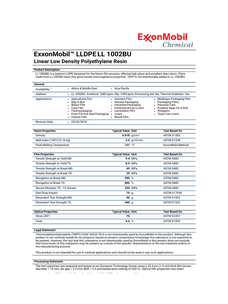 ExxonMobil ExxonMobil™ LLDPE LL 1002BU Linear Low Density Polyethylene ...
