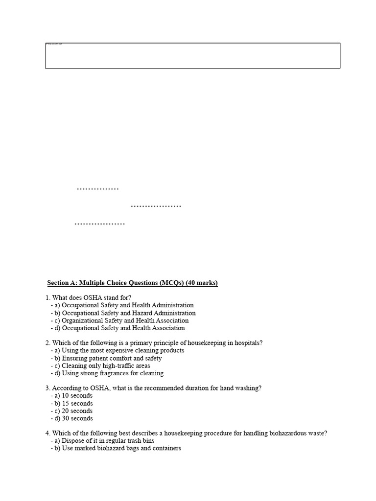Hospital Housekeeping Assessment Test | PDF | Housekeeping | Hygiene