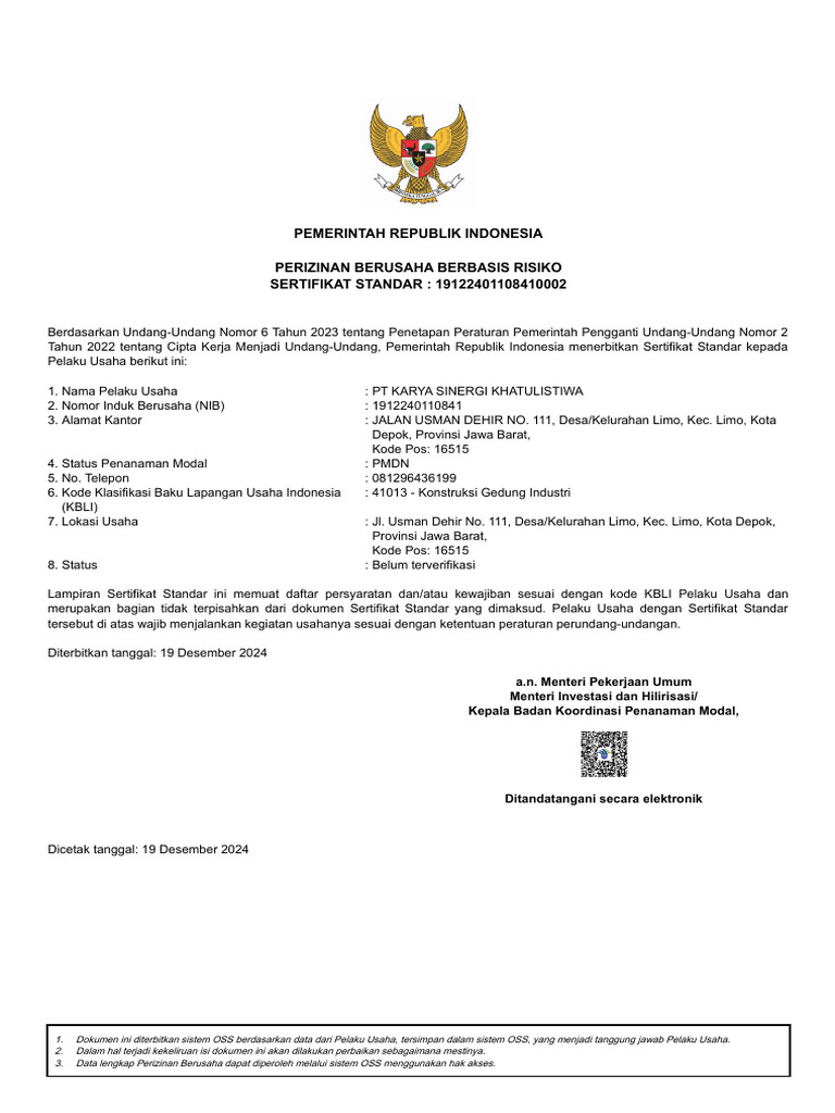 Sertifikat Standard BG Industri | PDF