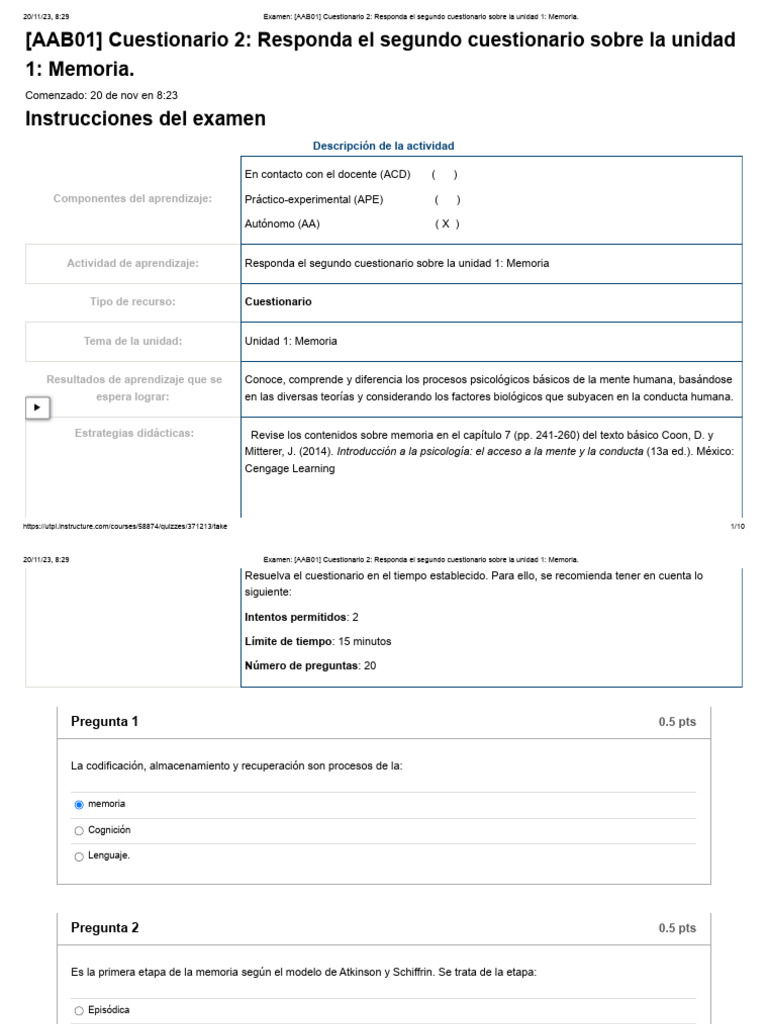 Examen - (AAB01) Cuestionario 2 - Responda El Segundo Cuestionario Sobre La Unidad 1 - Memoria ...