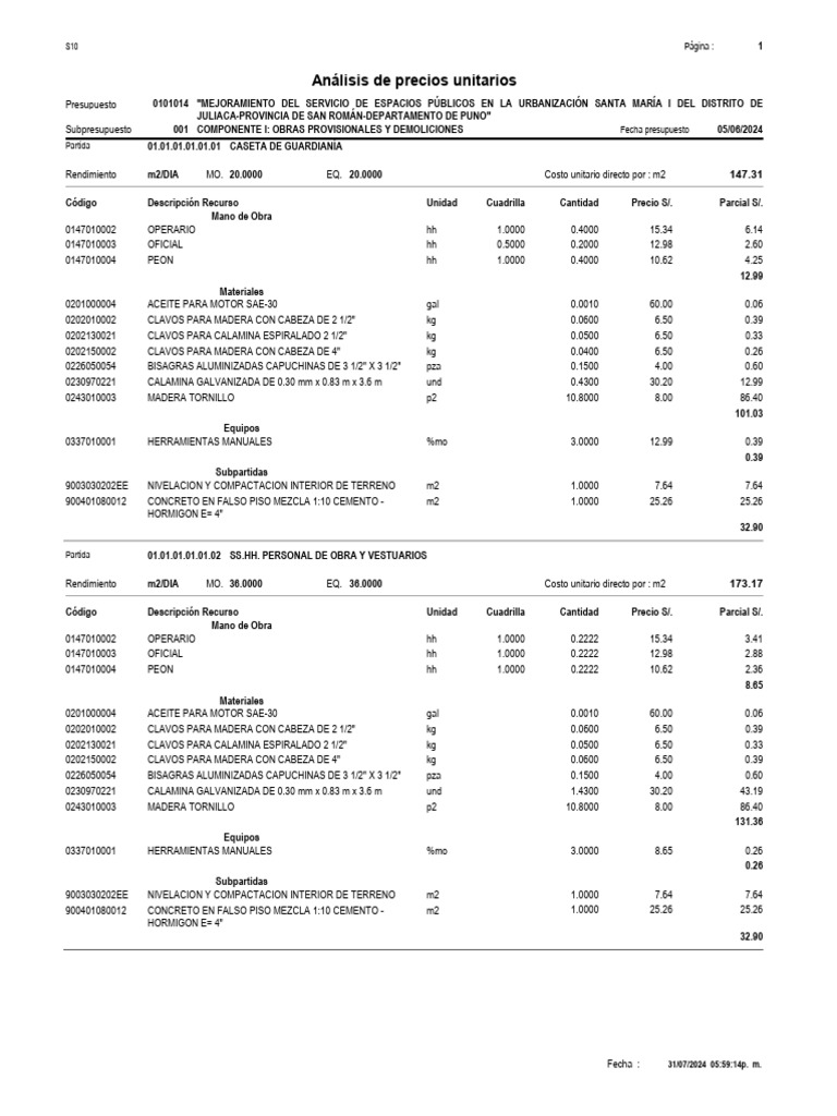 Acu Componente I | PDF | Presupuesto | Materiales de construcción