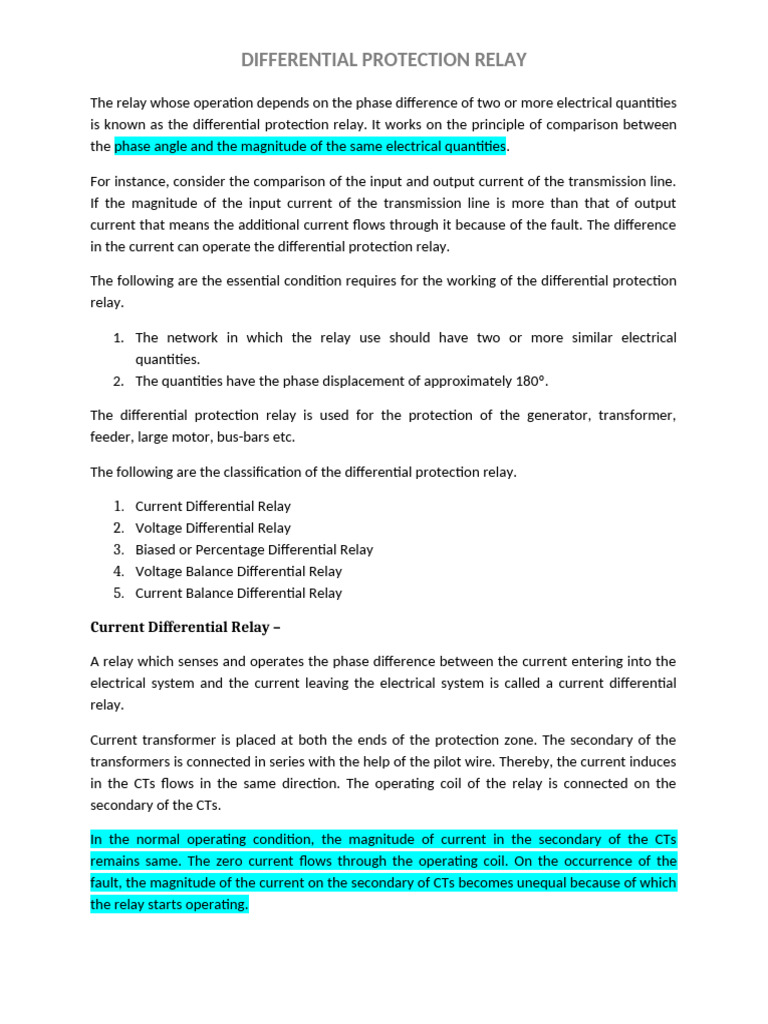 Differential Protection Relay Overview | PDF | Relay | Transformer