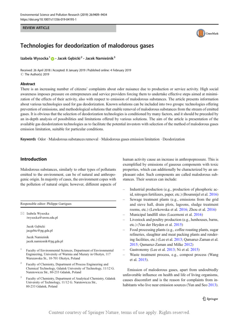 Technologies For Deodorization of Malodorous Gases | PDF | Adsorption | Combustion
