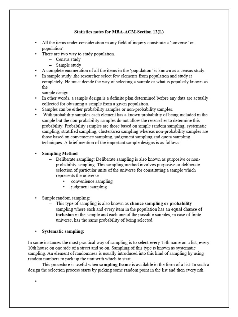 Stat-Notes - MBA-ACM-section 12 | PDF | Mean | Sampling (Statistics)