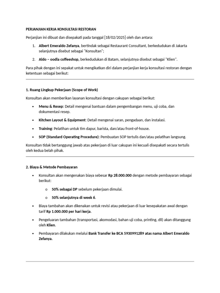 Perjanjian Kerja Konsultasi Restoran | PDF