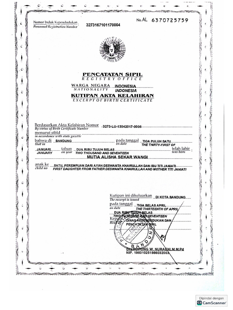 Akta Kelahiran Mutia | PDF