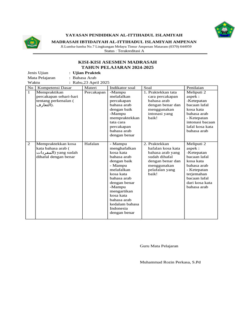 Kisi-Kisi Ujian Praktek Bahasa Arab 2025 | PDF