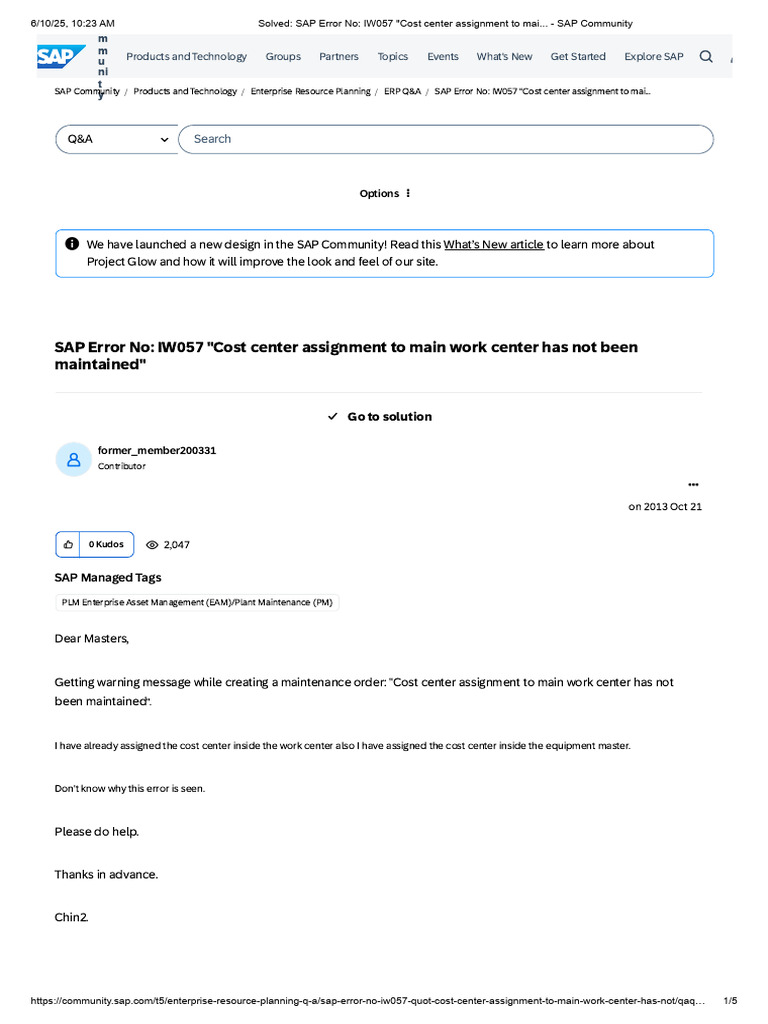 Solved - SAP Error No - IW057 - Cost Center Assignment To Mai... - SAP Community | PDF ...