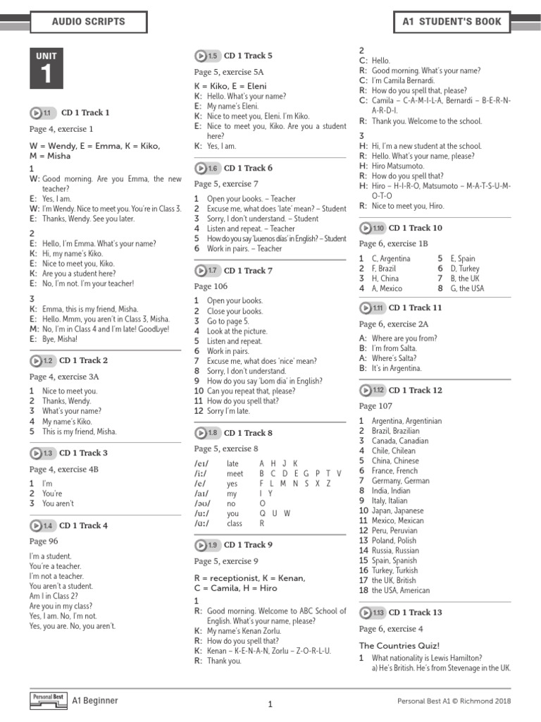 PB BrE A1 SB Audioscript U1 | PDF