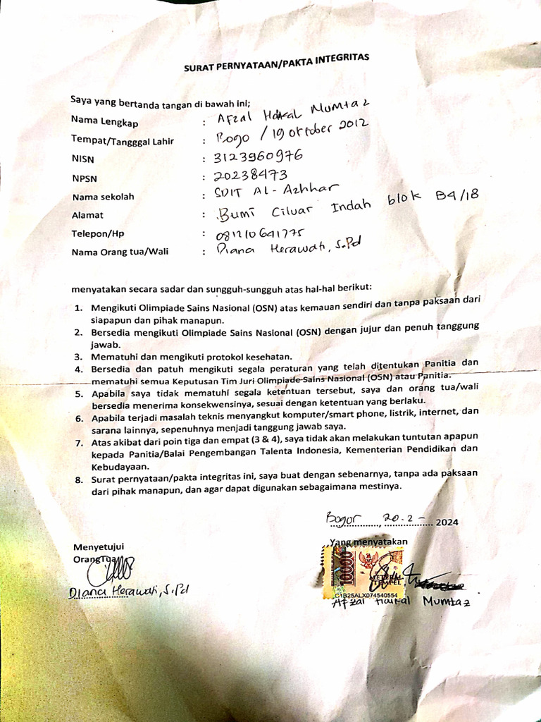 Fakta Integritas Afzal Haikal Mumtaz | PDF