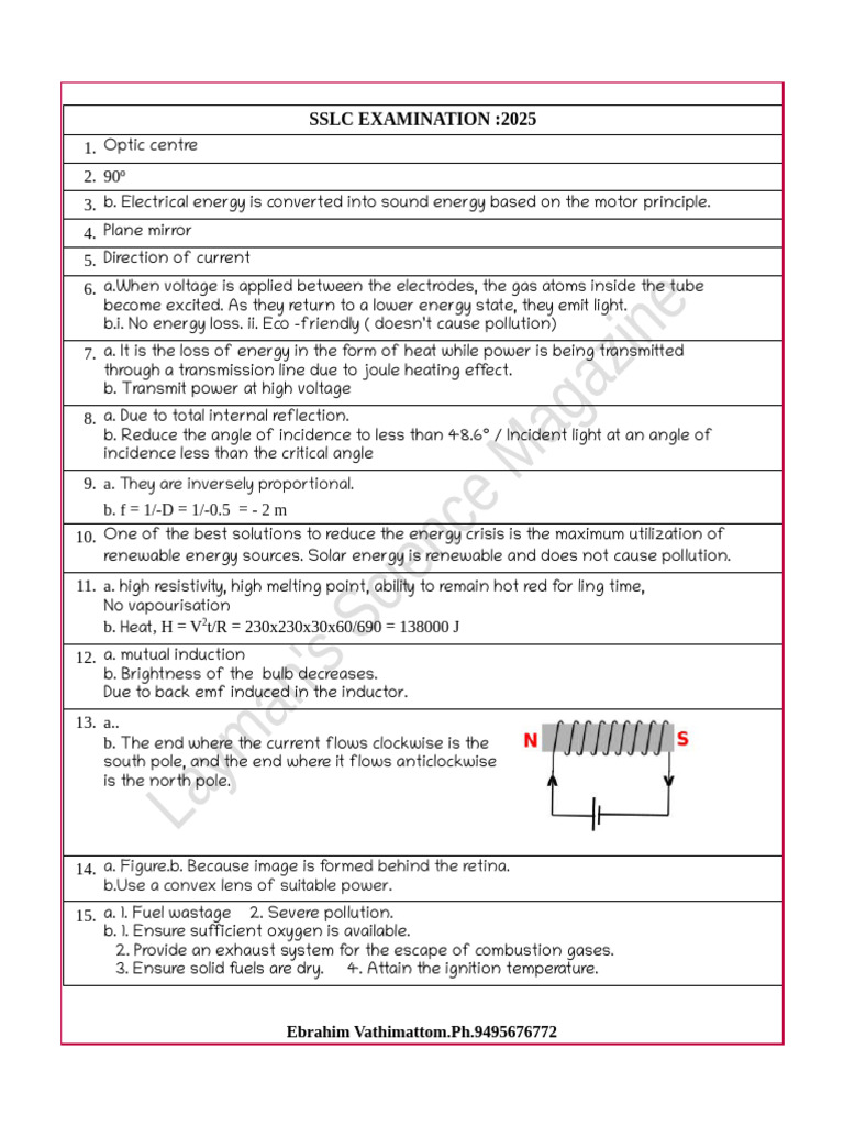 SSLC 2025 Physics Answer Key EM by Ibrahim Vathimattom Sir | PDF ...