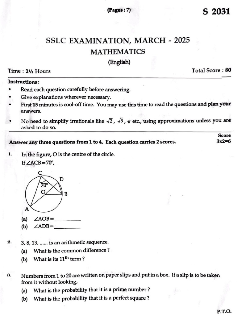 SSLC Exam 2025 - Maths Question Paper EM | PDF