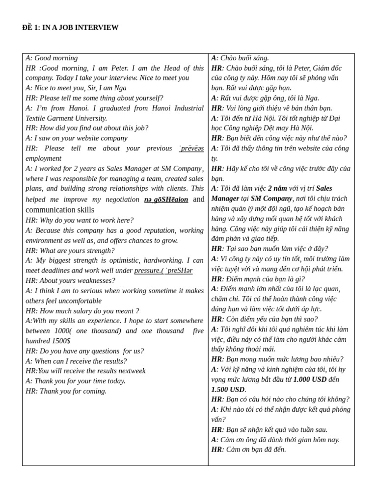 ĐỀ 1: In A Job Interview: and communication skills | PDF