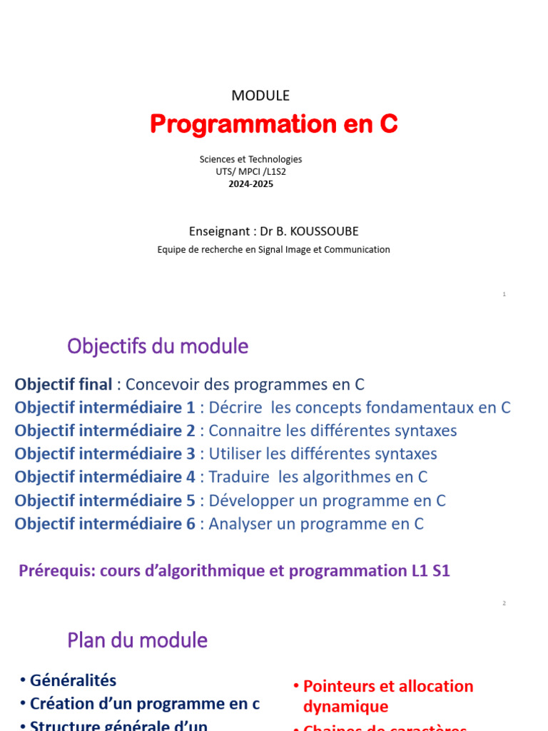 COURS Programmation C L1S2 2025 | PDF | Pointeur (programmation ...