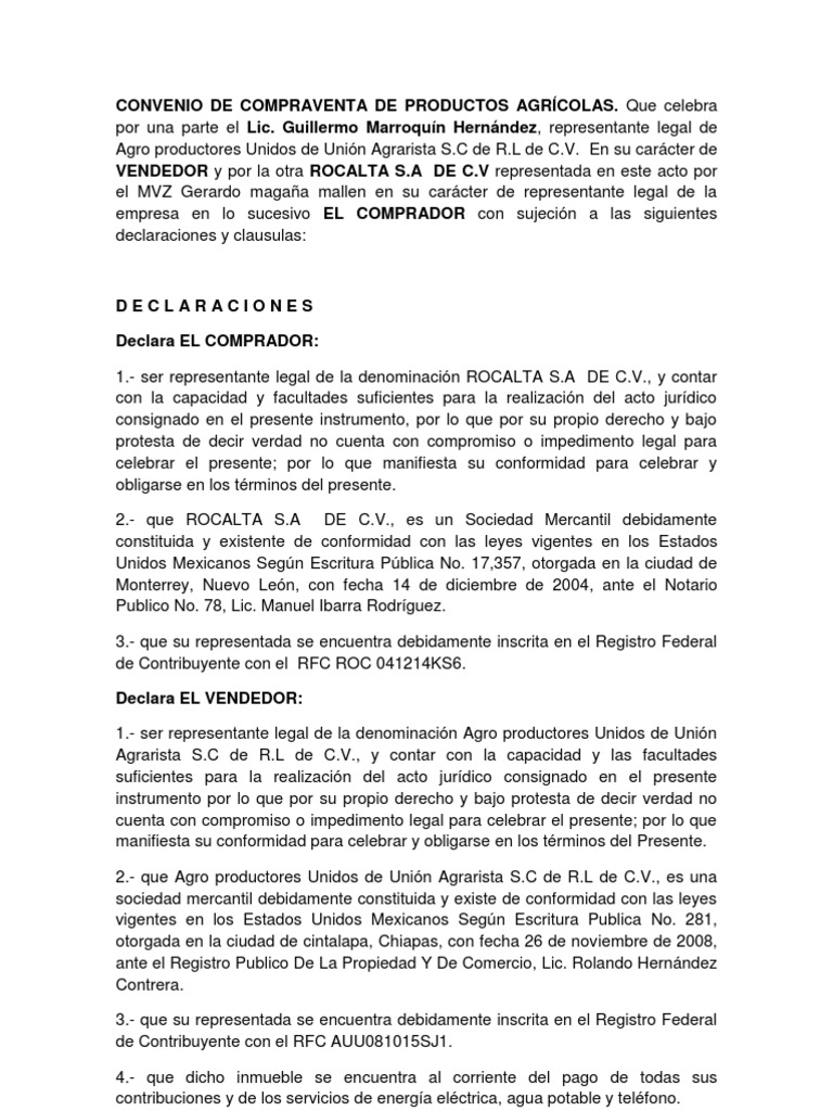 Convenio de Compraventa Agrícola ROCALTA | PDF | Liquidación | México