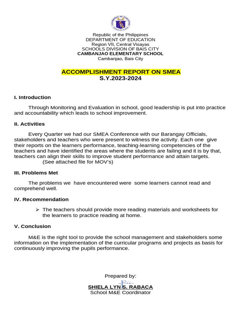 Smea Accomplishment Report 2023-2024 | PDF