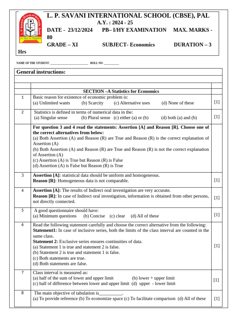 Economics Exam Paper for Grade XI | PDF