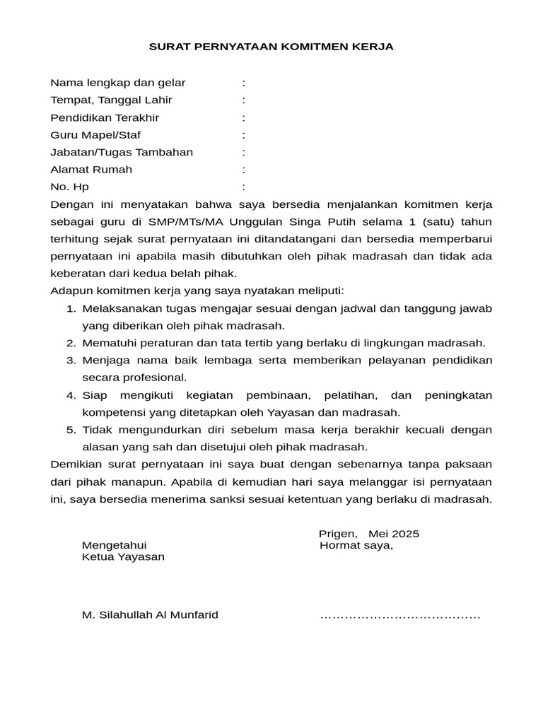 Surat Pernyataan Komitmen Kerja 2025 | PDF