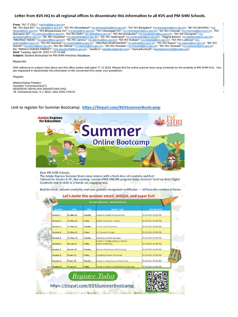 Letter From KVS HQ - Summer Bootcamp (KVS & PM SHRI) Schools | PDF