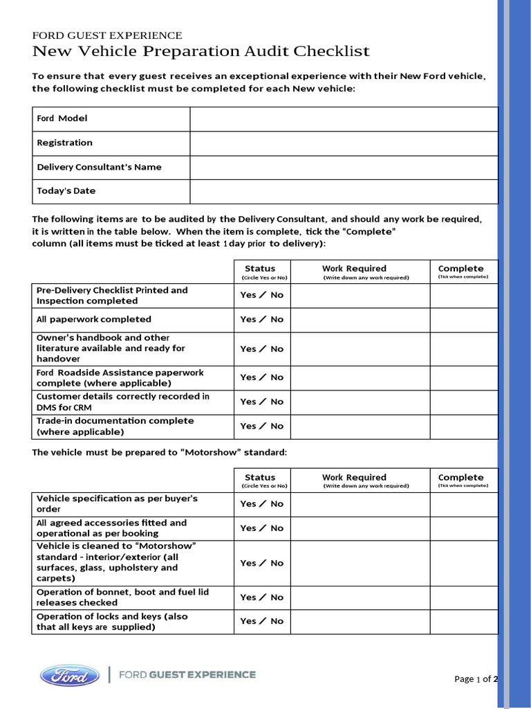 Ford Pre-Delivery Inspection Checklist | PDF | Car | Rear Wheel Drive ...
