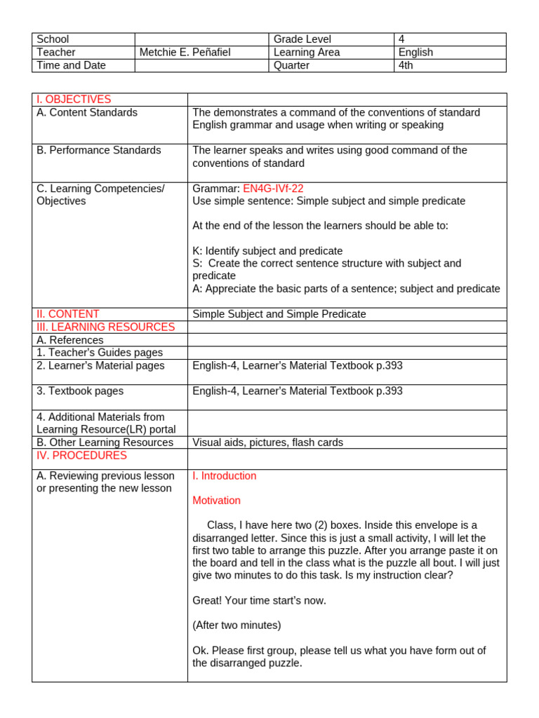 Simple Subjects and Predicates Lesson Plan | PDF | Subject (Grammar ...