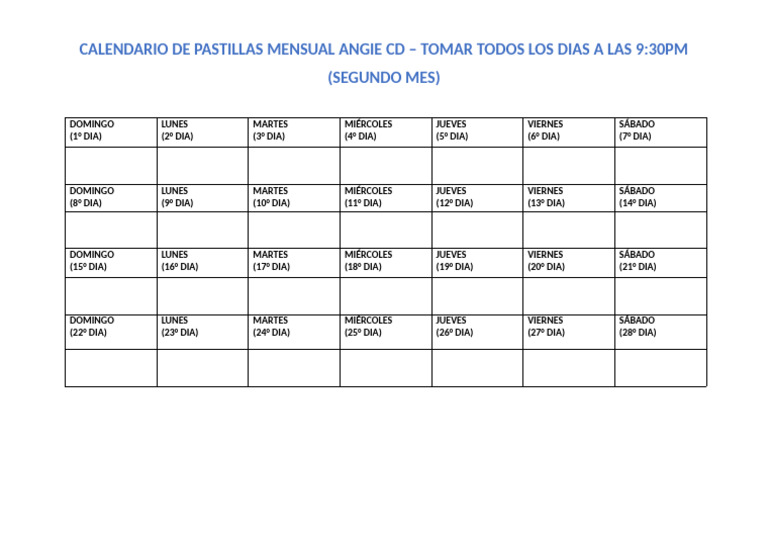 Calendario de Pastillas Mensual Angie CD | PDF