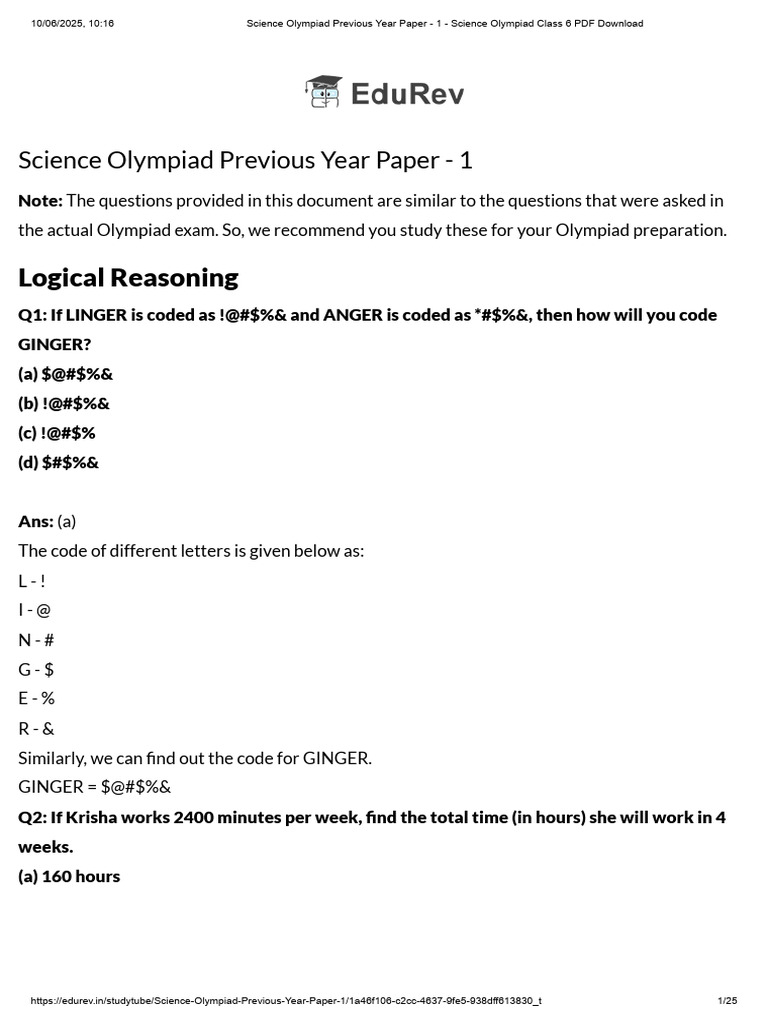 Science Olympiad Previous Year Paper - 1 - Science Olympiad Class 6 PDF ...