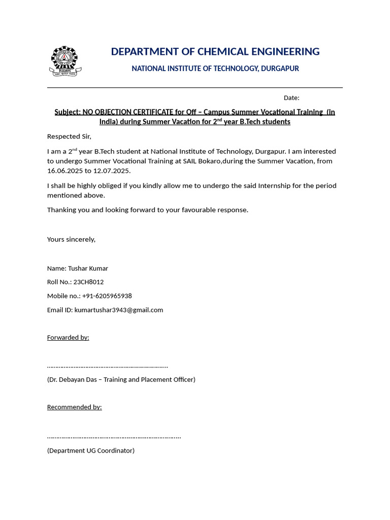NOC for Summer Training at SAIL Bokaro | PDF
