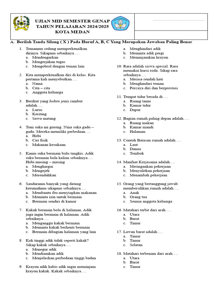 Soal Mid Semester Genap Kelas 1 Pancasila | PDF