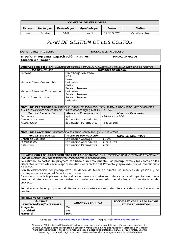 Plan de Gestión de Costos del Proyecto | PDF | Presupuesto | Gestión de ...