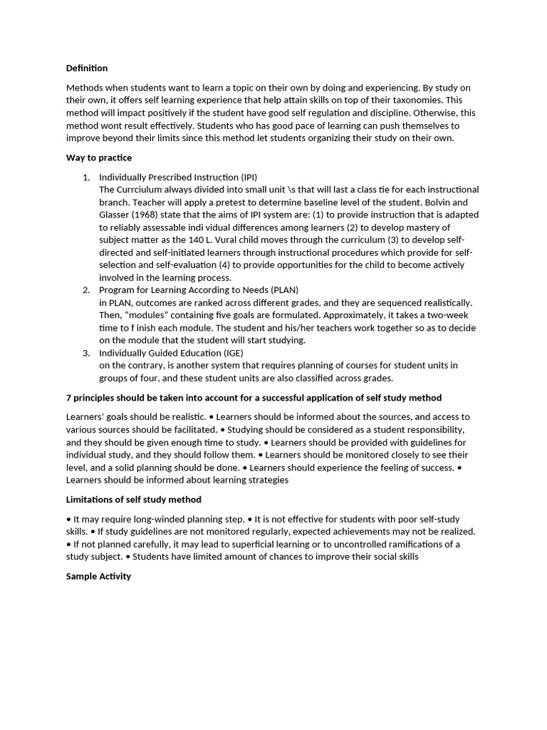 Self Study and Conclusion | PDF | Learning | Curriculum