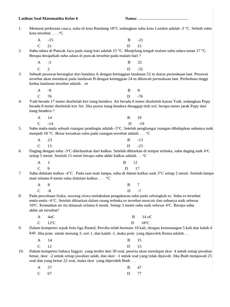 Latihan Soal Matematika Bilangan Bulat 1 | PDF