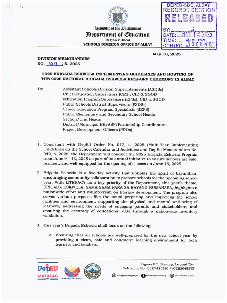 DM 164 S. 2025 2025 Brigada Eskwela Implementing Guidelines and Hosting ...