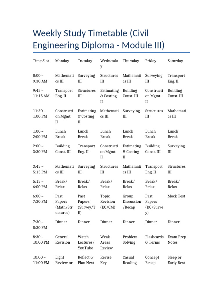 Study Timetable Civil Engineering Module 3 | PDF