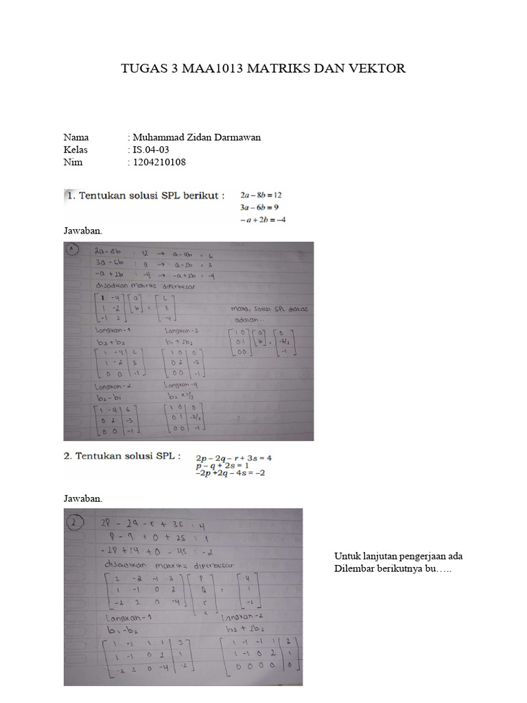 Tugas Matriks dan Vektor MAA1013 | PDF