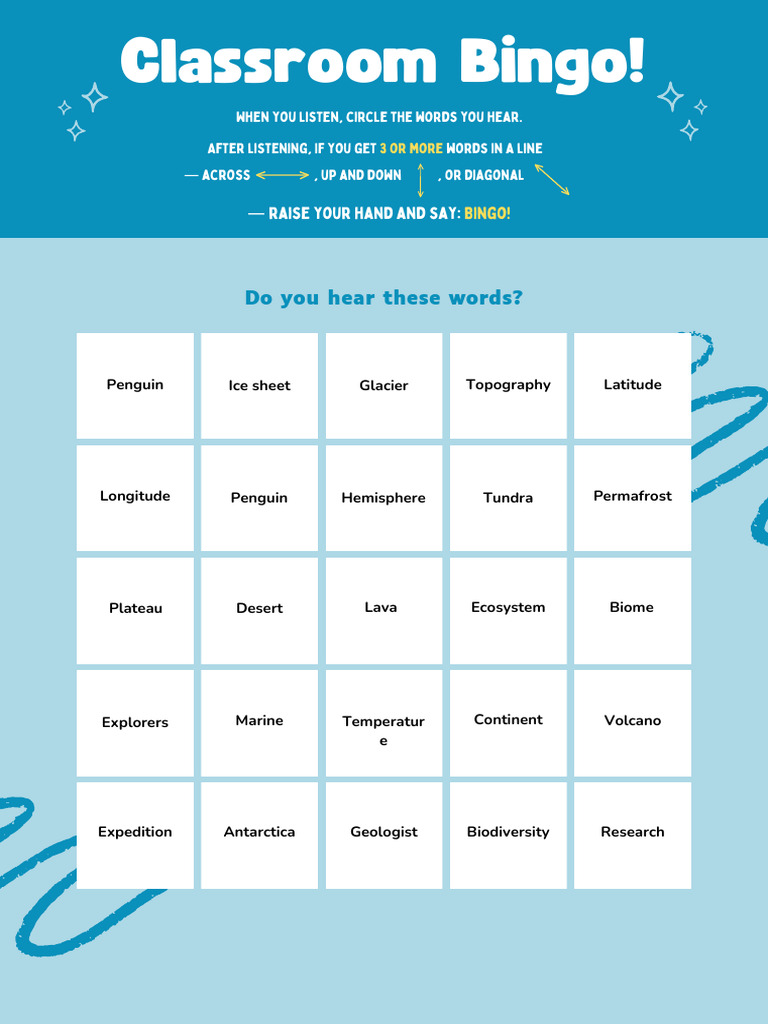 Classroom Bingo Worksheet in Colorful Illustrative Style | PDF
