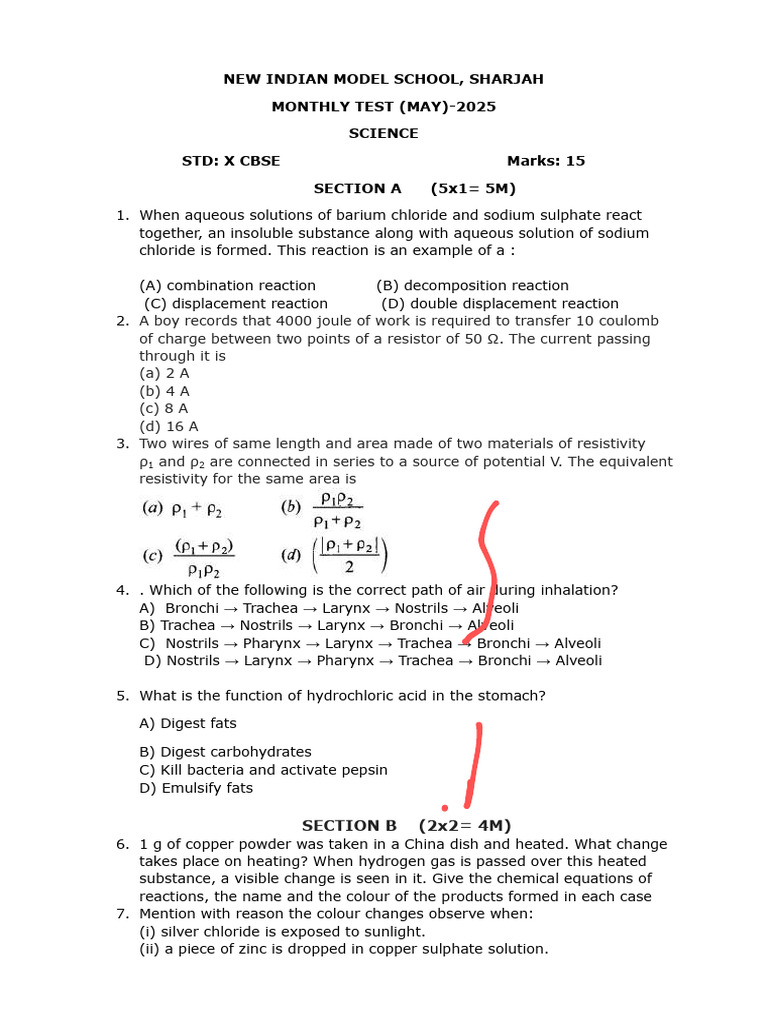 New Indian Model School, Sharjah Monthly Test (May) - 2025 Science STD ...