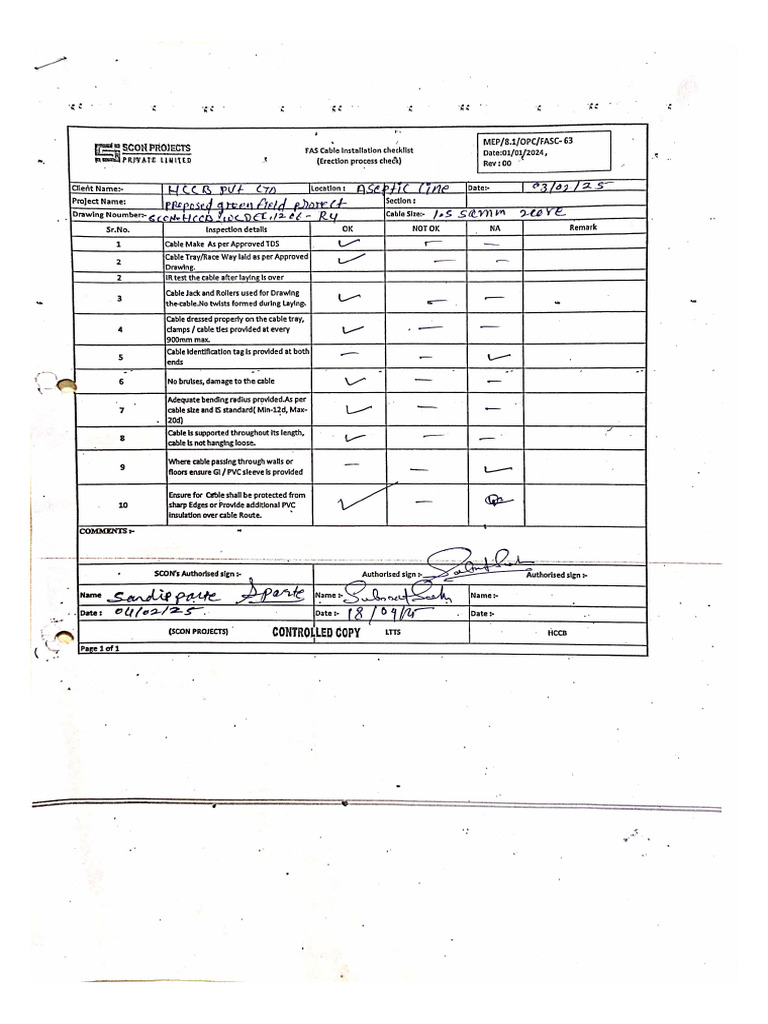 Fas Device & Cable Installation Checklist (Aseptic Line) | PDF