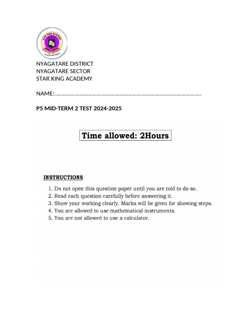 p5 Mathematics Mid-Term 2024-2025 | PDF