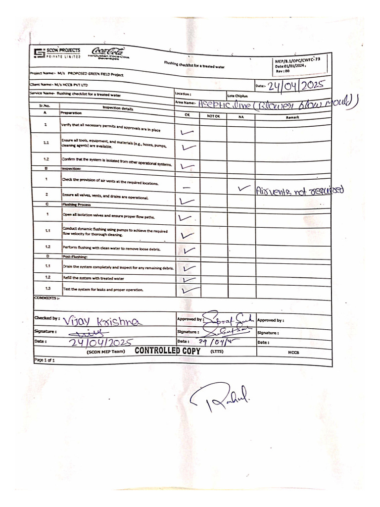TW Flushing Checklist (Aseptic Packaging & Aseptic Line) | PDF