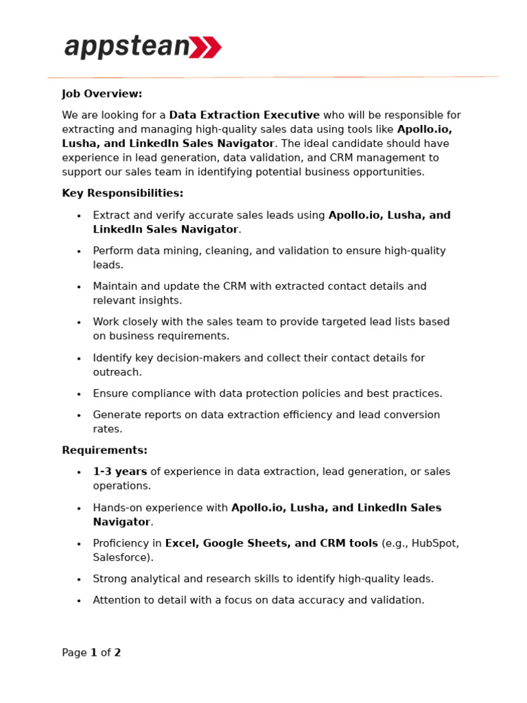 JD For Data Extraction Excutive - Sales | PDF