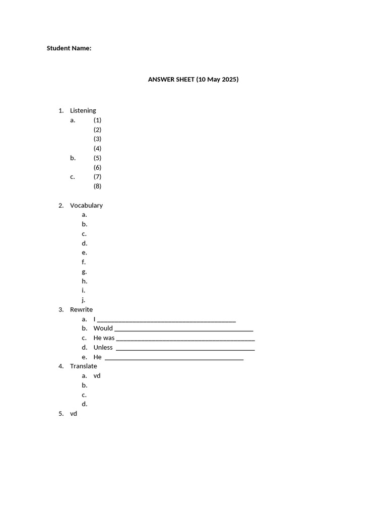 Answer Sheet (17 May 2025) | PDF