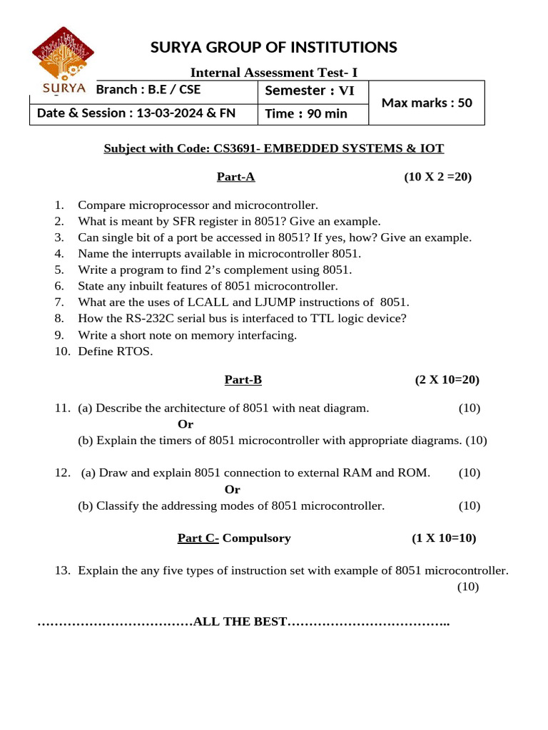 CS3691 Embedded Systems & IoT | PDF | Microcontroller | Embedded System