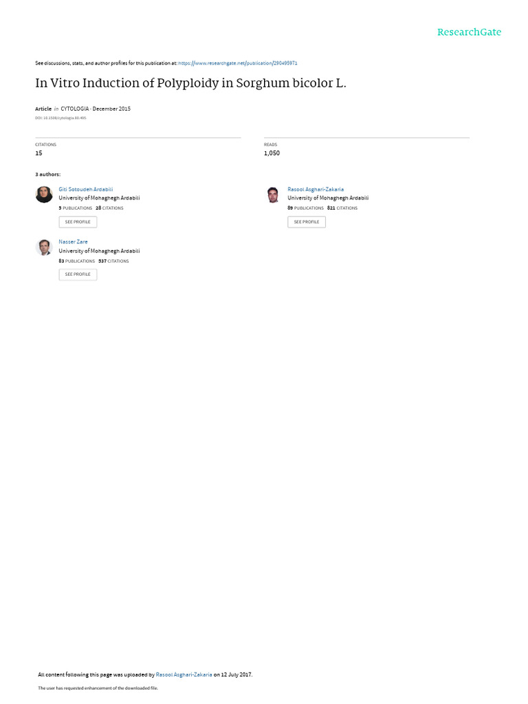 In Vitro Induction of Polyploidy in Sorghum Bicolo | PDF | Ploidy | Biology