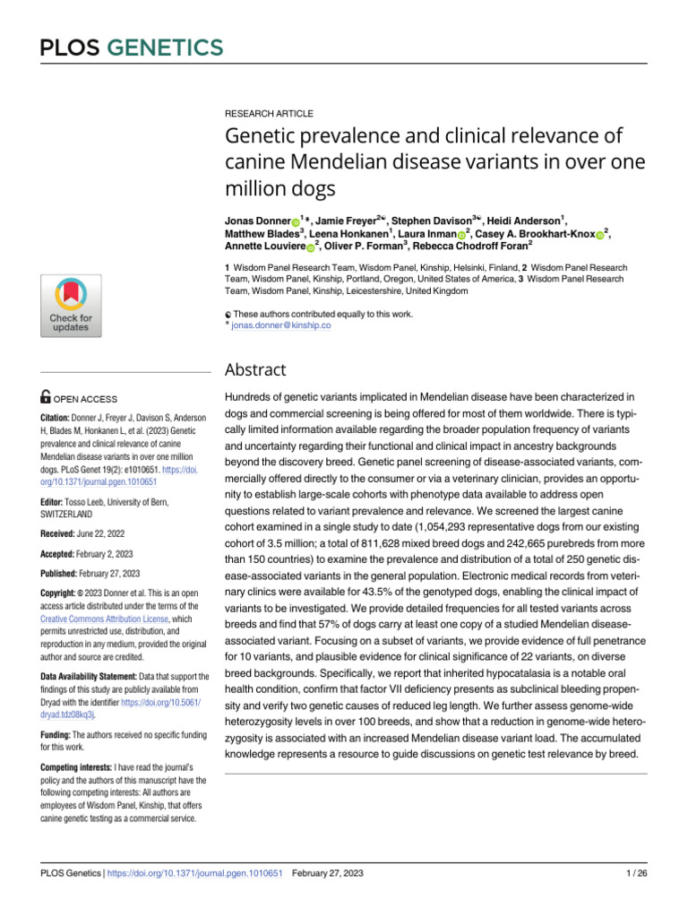 Genetic Prevalence and Clinical Relevance of Canine Mendelian Disease ...
