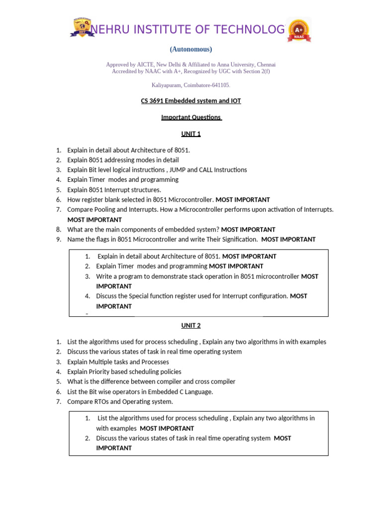 CS 3691 Embedded System and IOT Anna University Important Questions ...