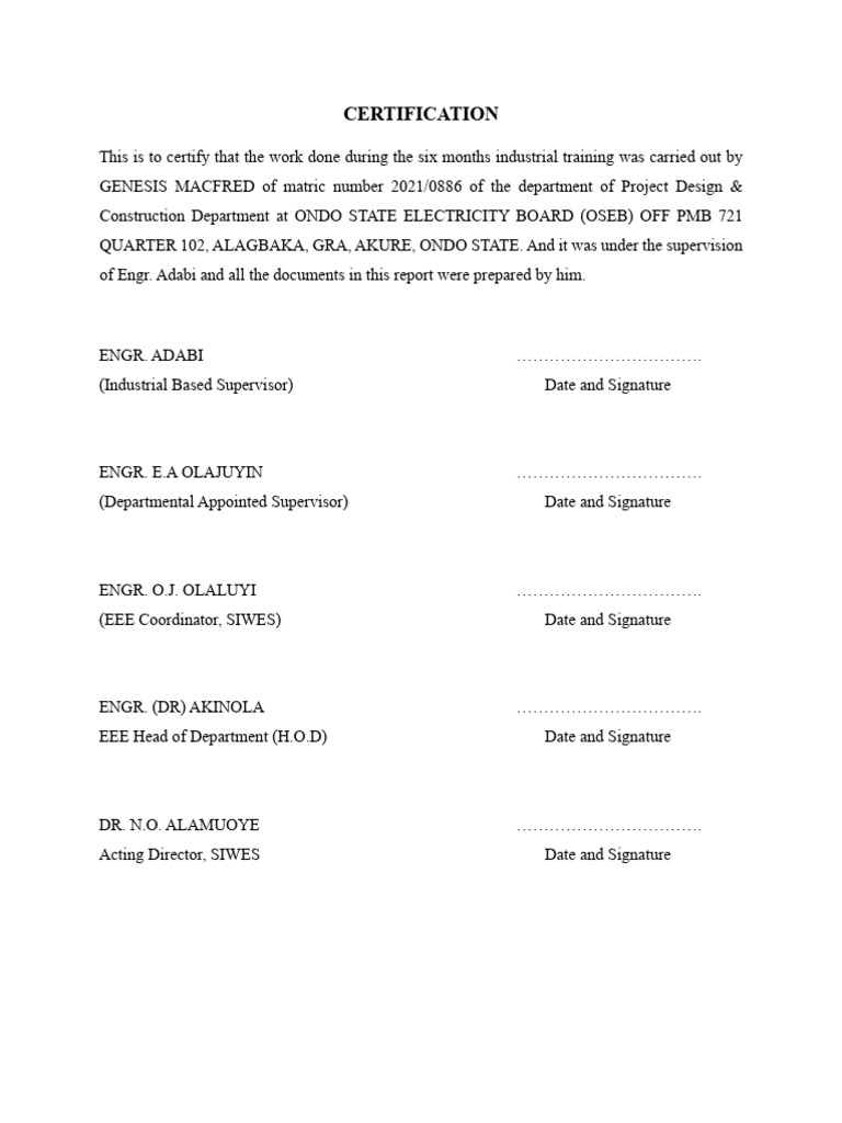 Industrial Training Certification for Genesis Macfred | PDF
