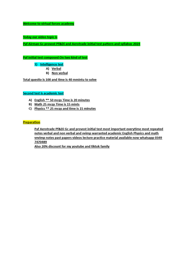 Paf Aerotrade Pf&Di GC Provost Test Pattern&Syllabus 2024-1 | PDF