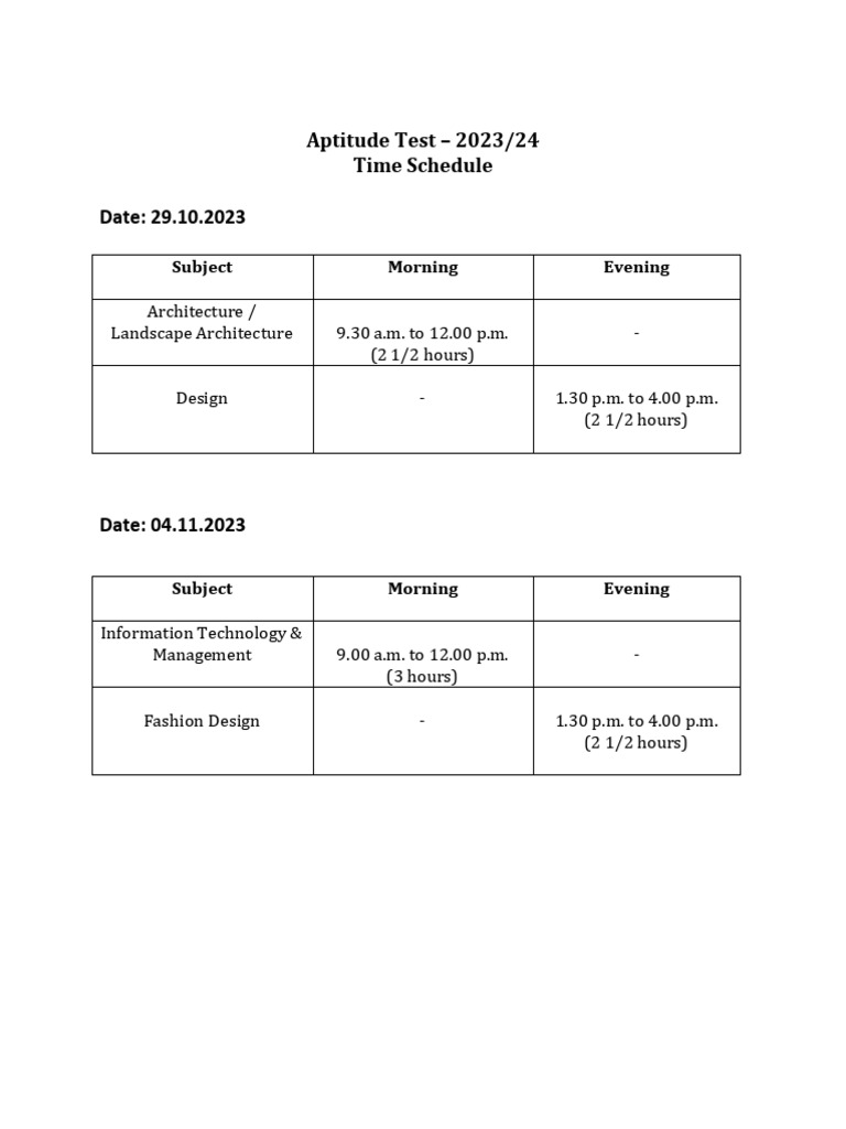 Aptitude Test Time Table 2023 | PDF